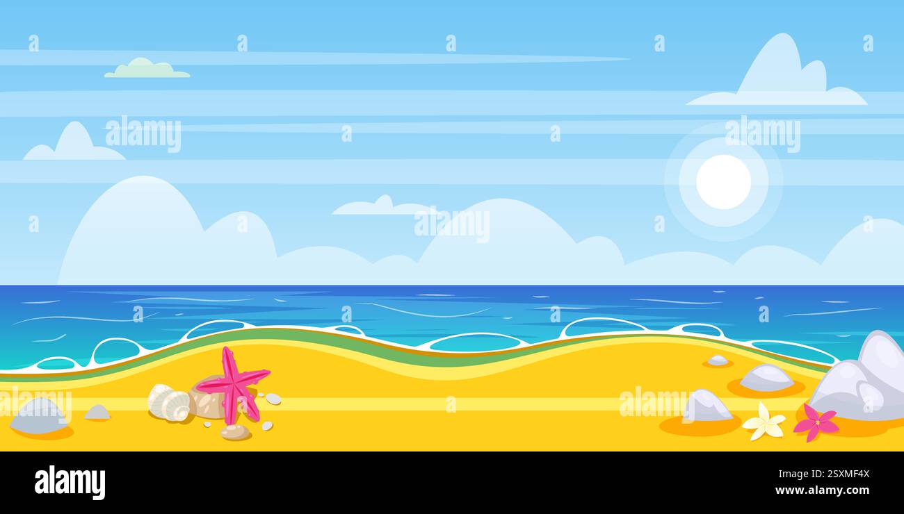Seaside summer landscape. Vector flat cartoon illustration. Sea ocean ...
