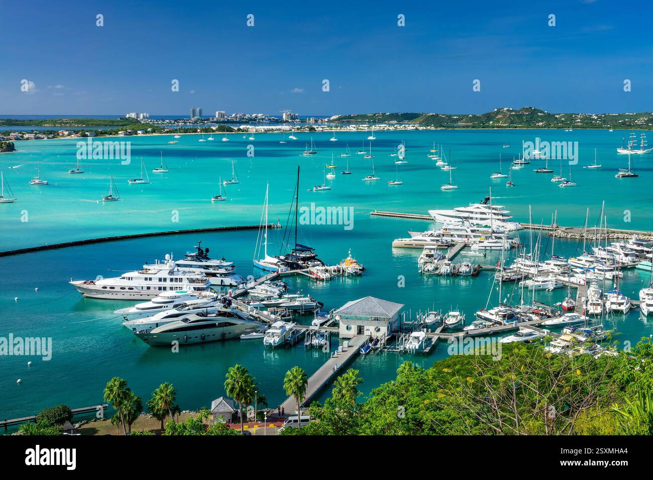 Aerial view of the bay of Marigot with luxury yachts and boats in the ...