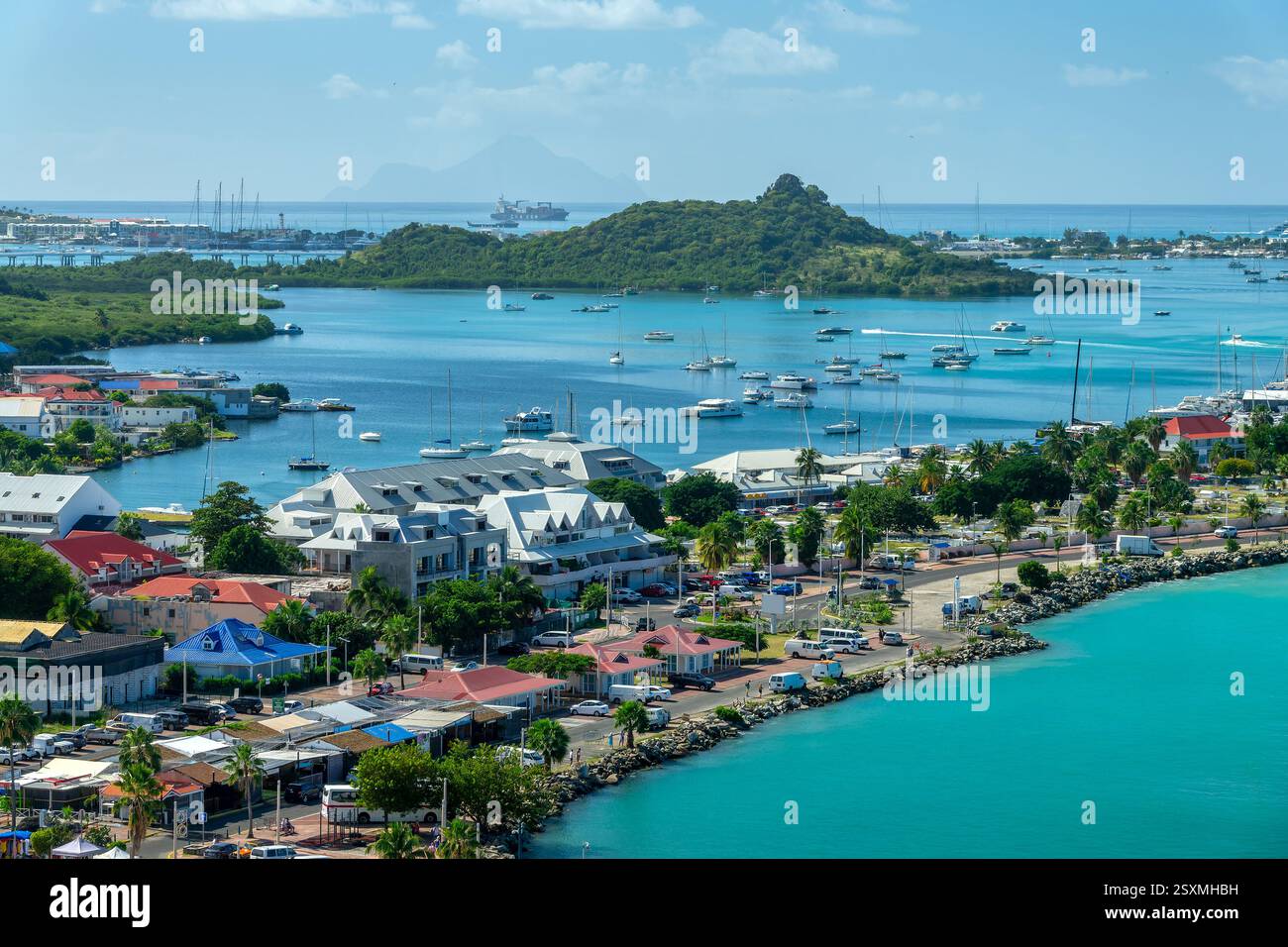 Aerial view of the bay of Marigot in the Caribbean island of Saint ...