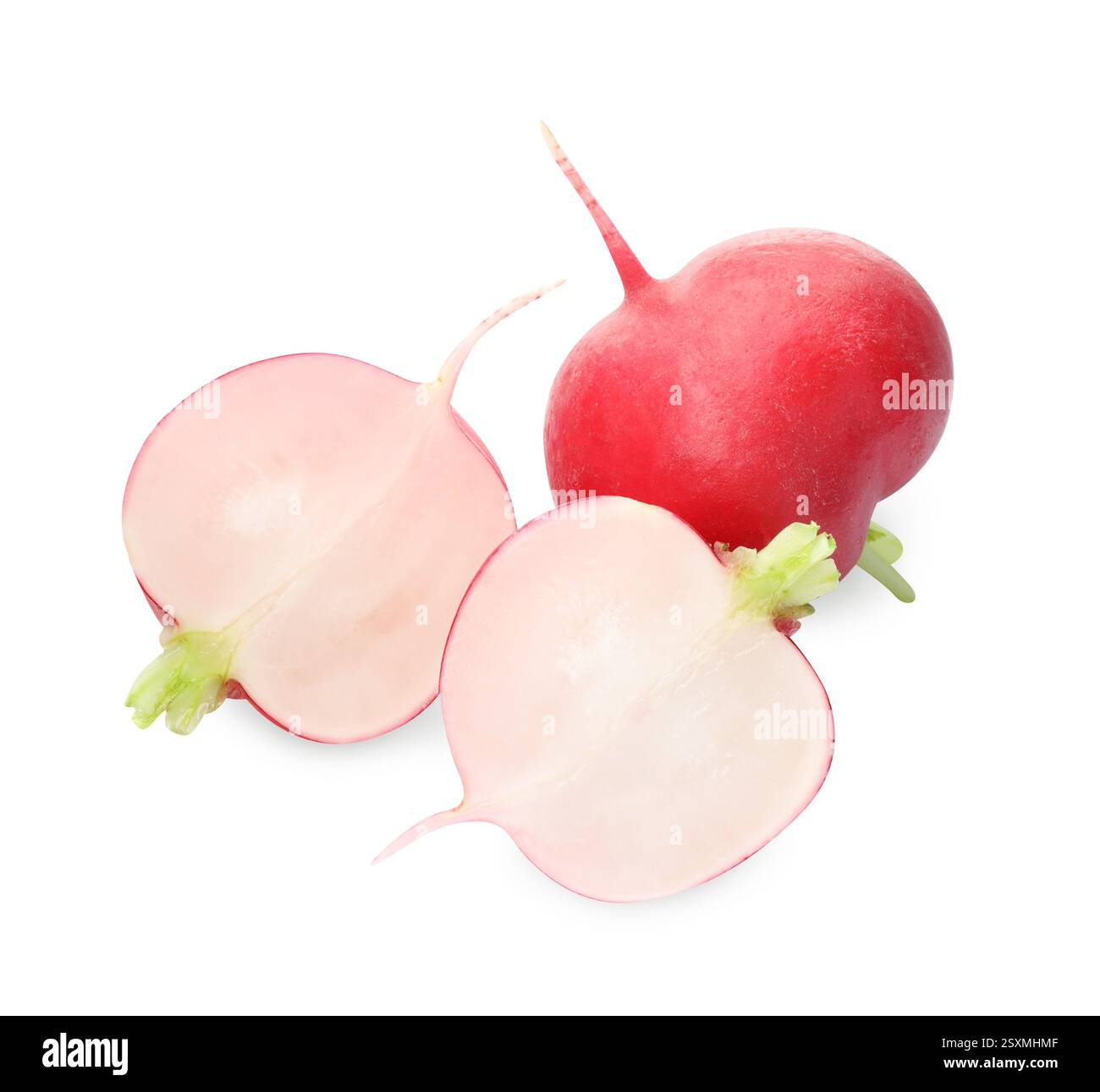 Whole and cut radishes isolated on white, top view Stock Photo - Alamy