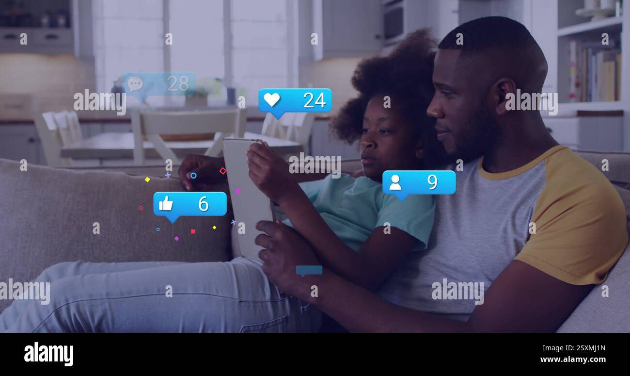 Image of media icons over african american father with daughter using ...