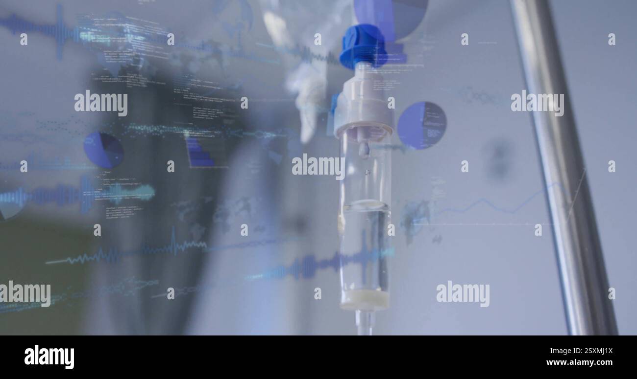 Image of data processing and diagrams over drip in hospital Stock Photo ...