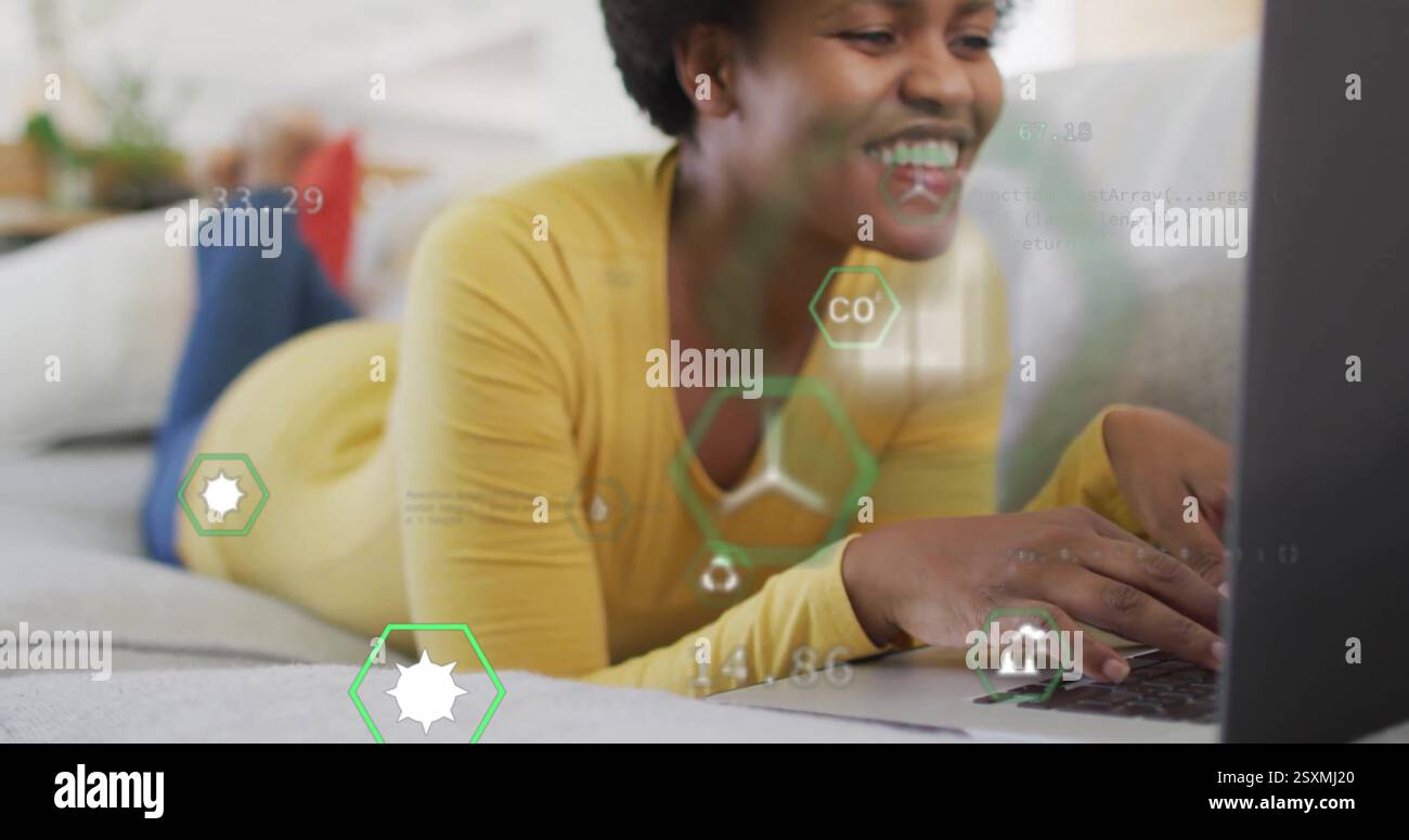 Image of media icons and data processing over biracial woman using ...