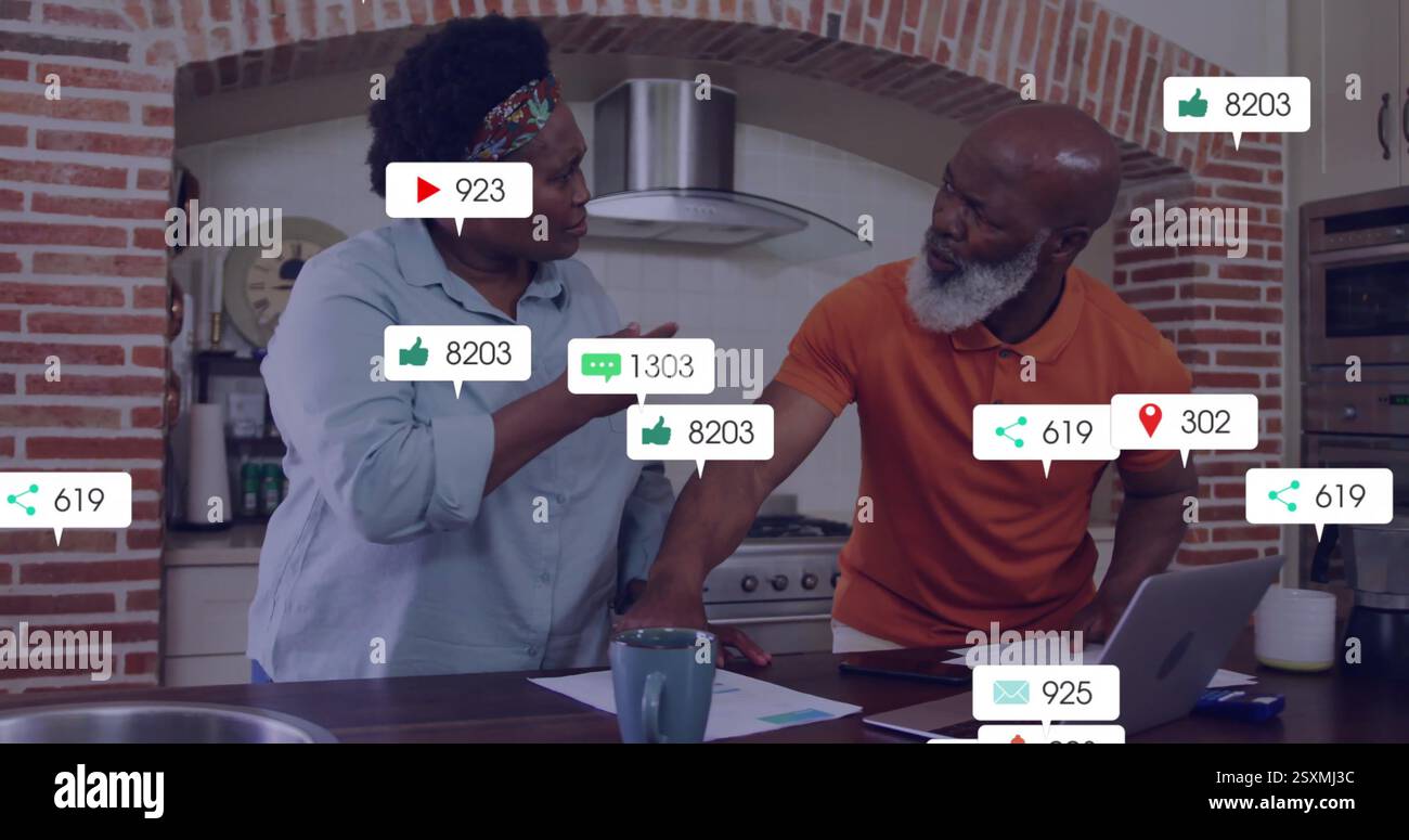 Image of media icons over african american couple talking at home Stock ...