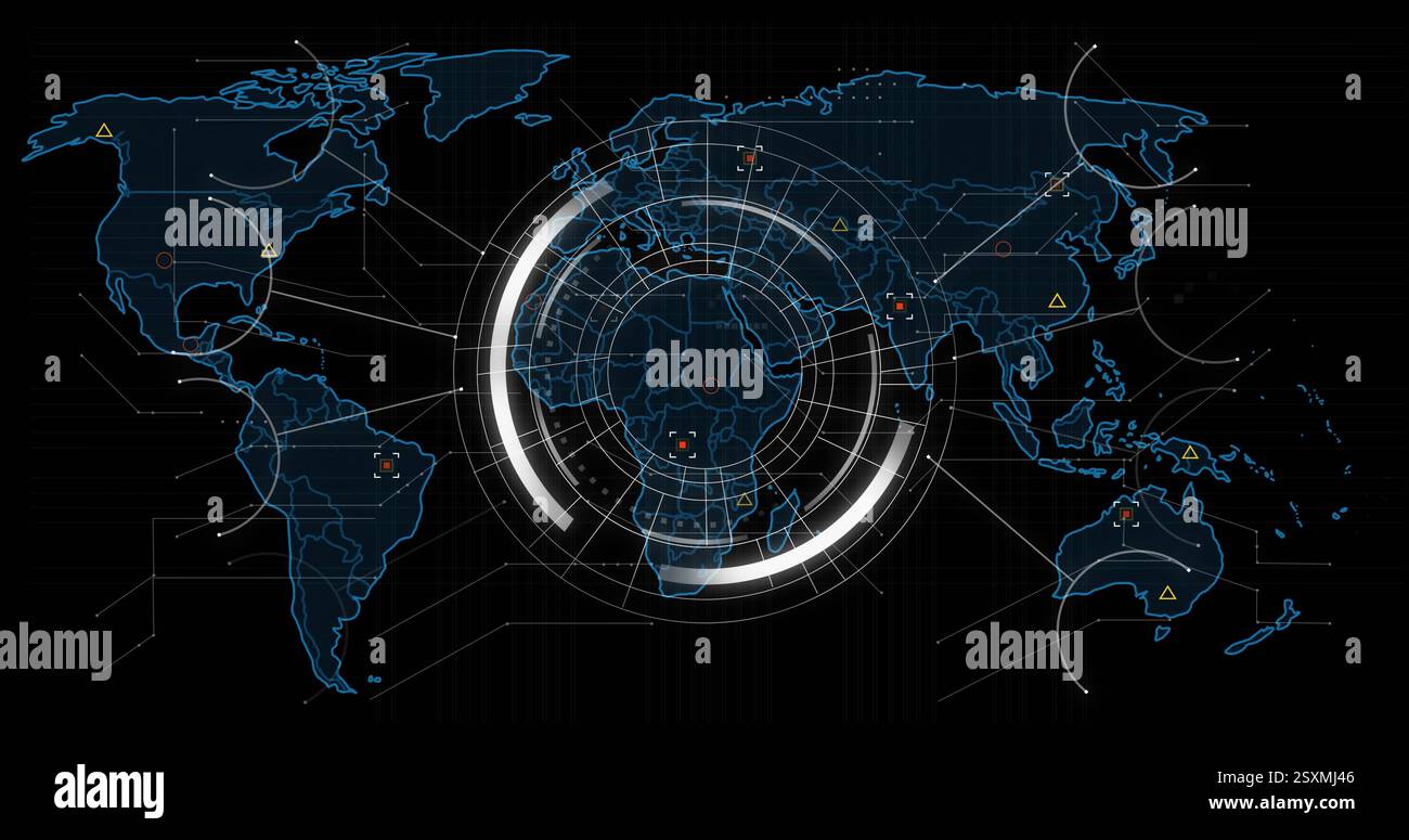 Image of world map on data processing and scope scanning on black background Stock Photo - Alamy