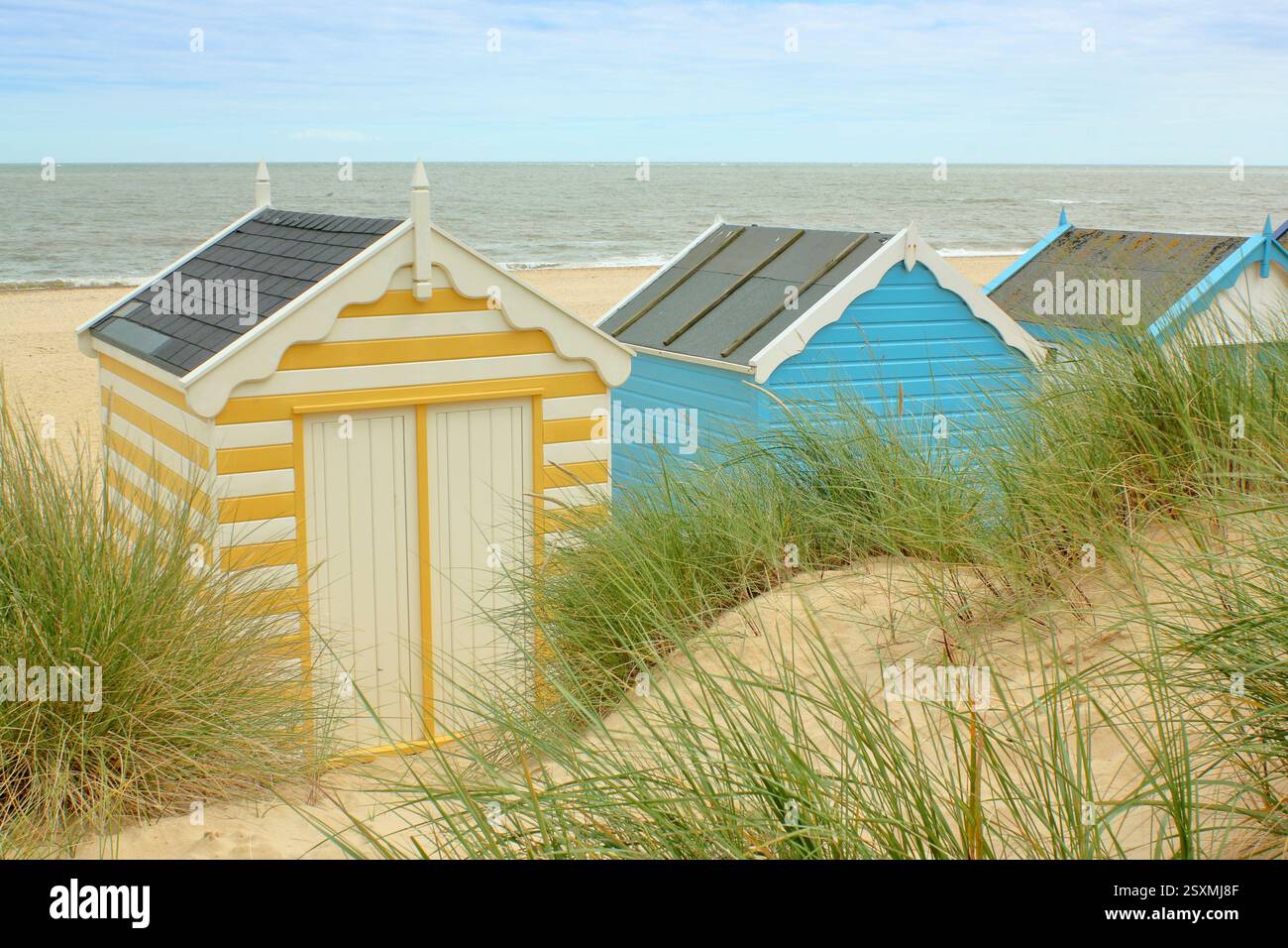 Southwold beach. Beach huts on Southwold beach in summer, Suffolk, UK ...