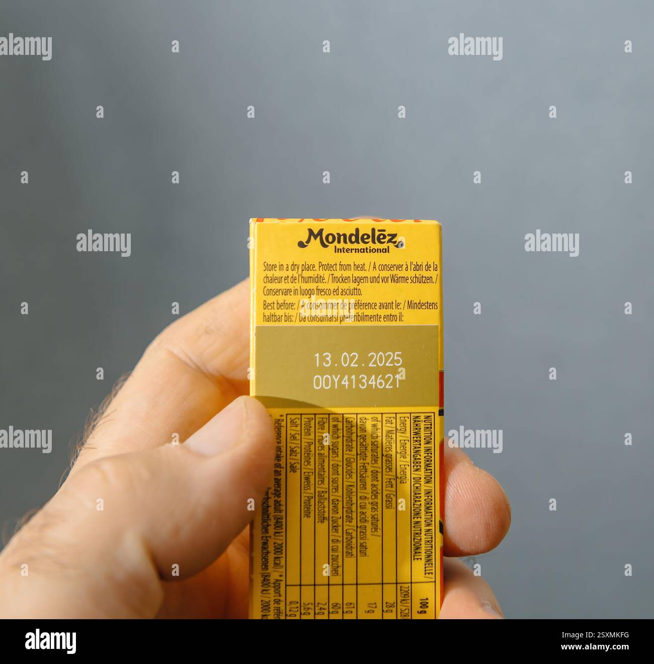 Paris, France - Feb 13, 2025: A close-up of a Mondelez International product package ...