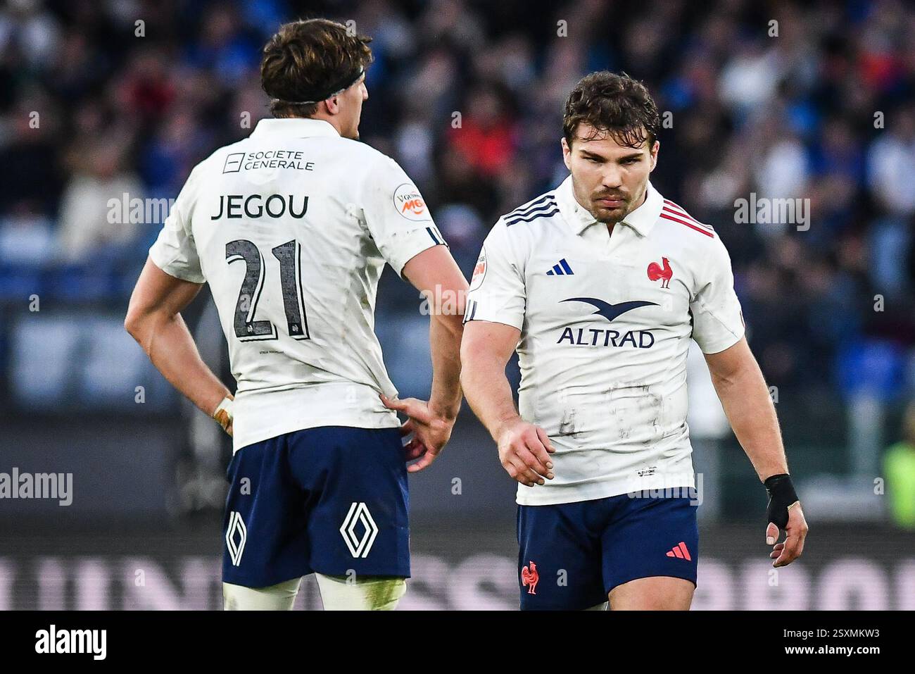 Oscar JEGOU of France and Antoine DUPONT of France during the 2025 Six Nations Championship ...