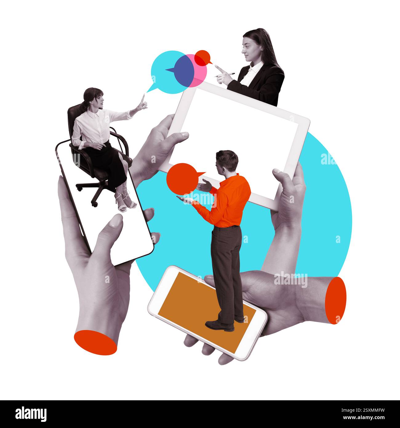 Employees engaged in digital discussion, using smartphones and tablets ...