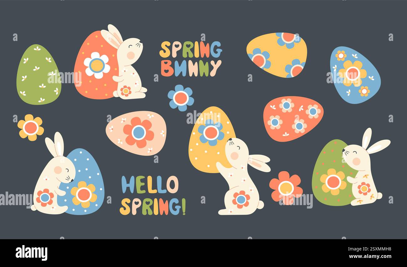 Cute Easter Rabbit with Paschal Egg. Adorable Spring Holiday set ...