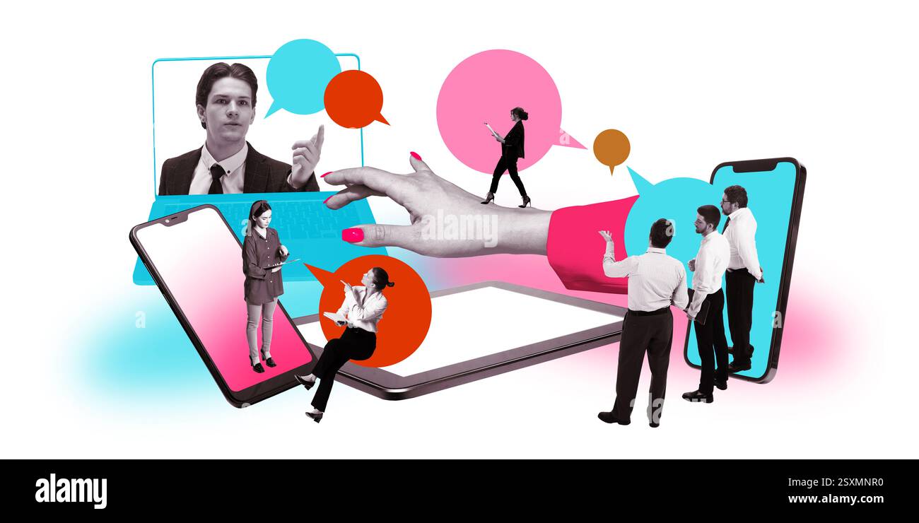 Business team interacting through virtual screens, engaging in digital ...