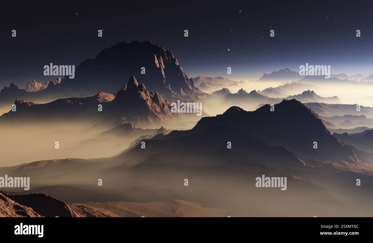 Dust storm on Mars. Sunset Martian landscape and night sky with stars ...