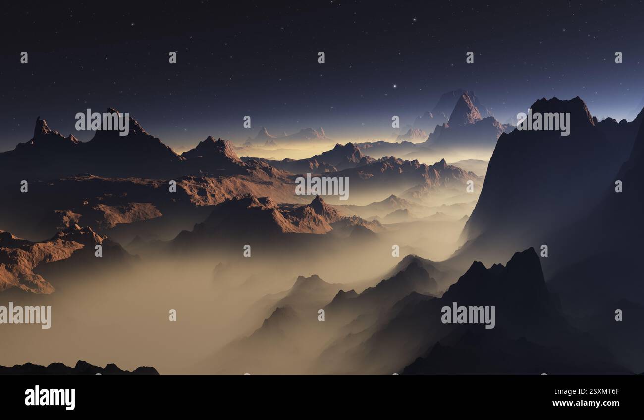 Dust storm on Mars. Sunset Martian landscape and night sky with stars ...