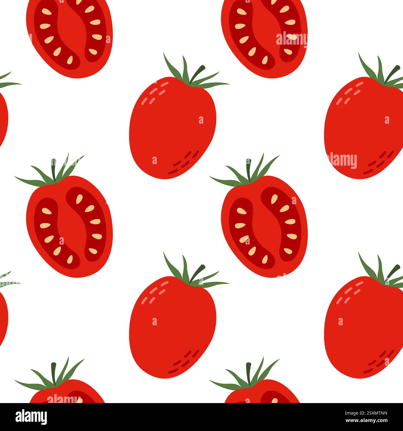 Tomato seamless pattern. Whole and halves red vegetables on white background. Hand drawn vector ...