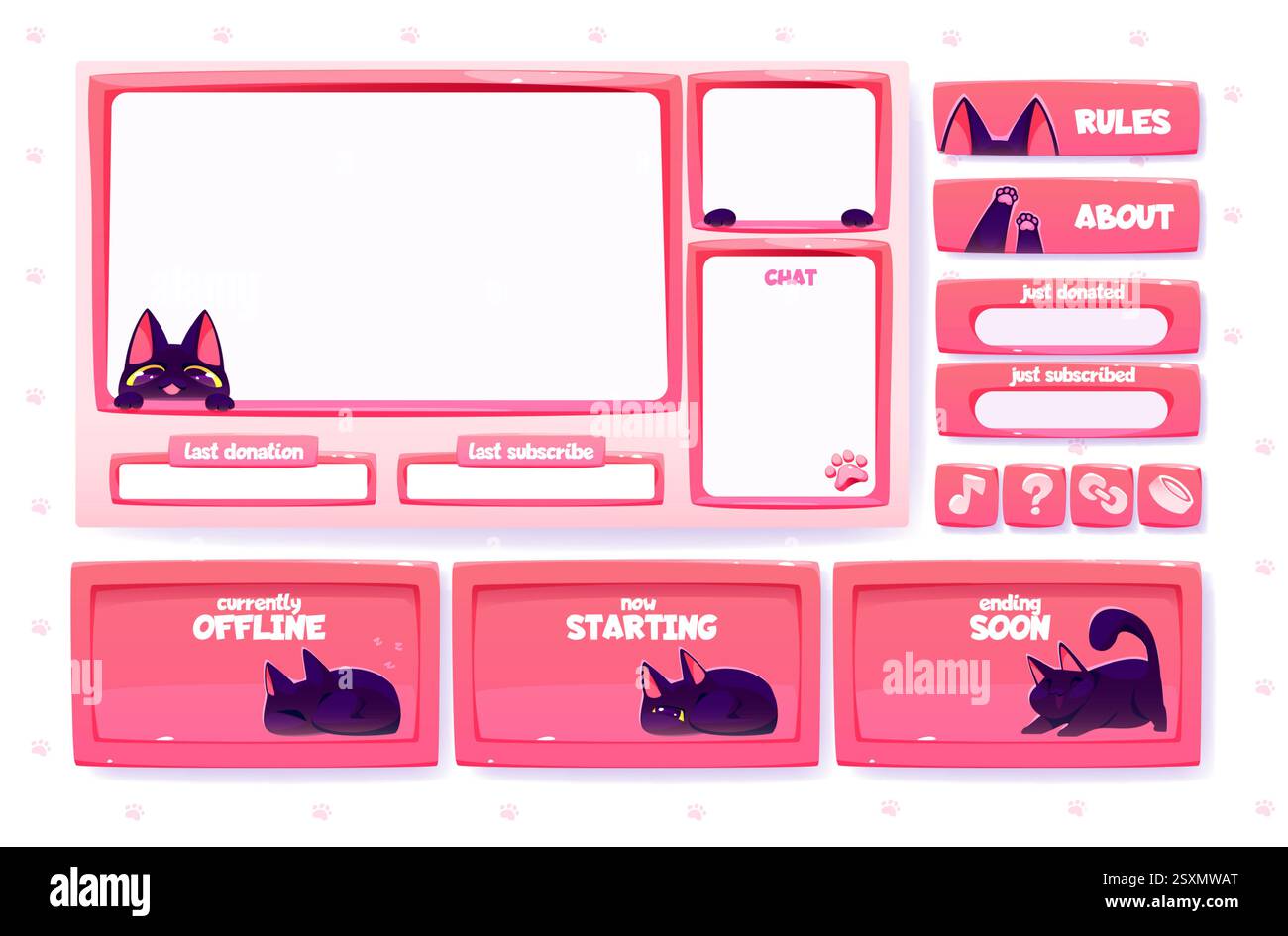 Stream overlay screen set - cute black cat themed elements with ...