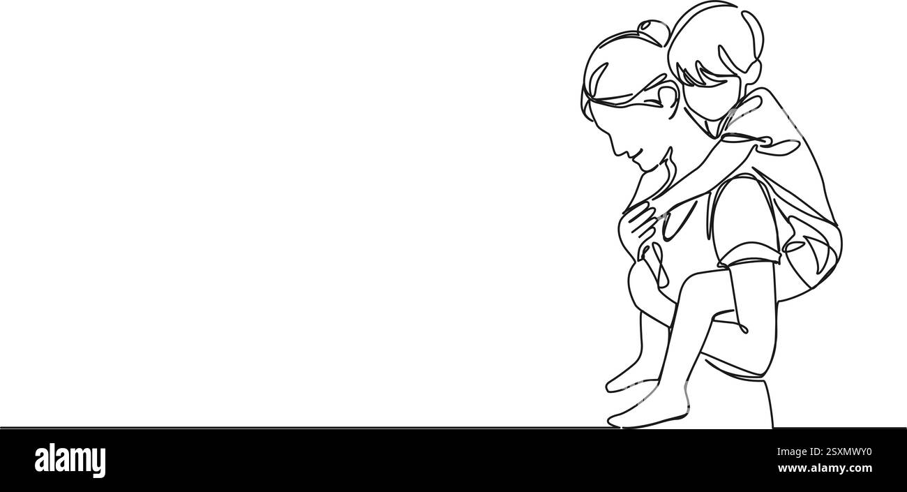 continuous single line drawing of happy mother carrying her young son ...