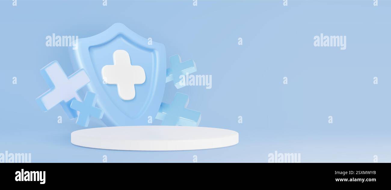 Podium with health care signs isolated on blue background. Vector ...