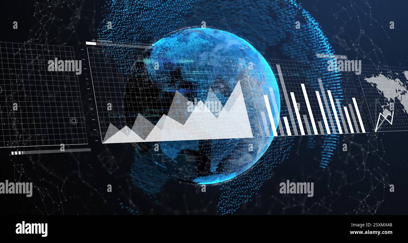 Image of diagrams and globe on black background Stock Photo - Alamy