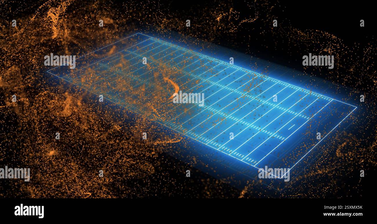 Image of neon sports field over gold specks of light on black ...