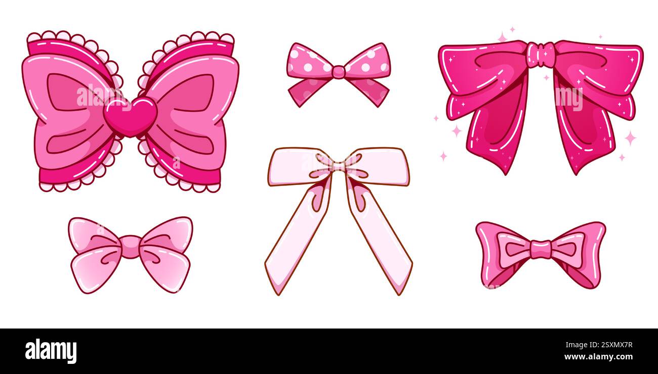 Coquette ribbon bows set isolated on white background. Vector cartoon ...