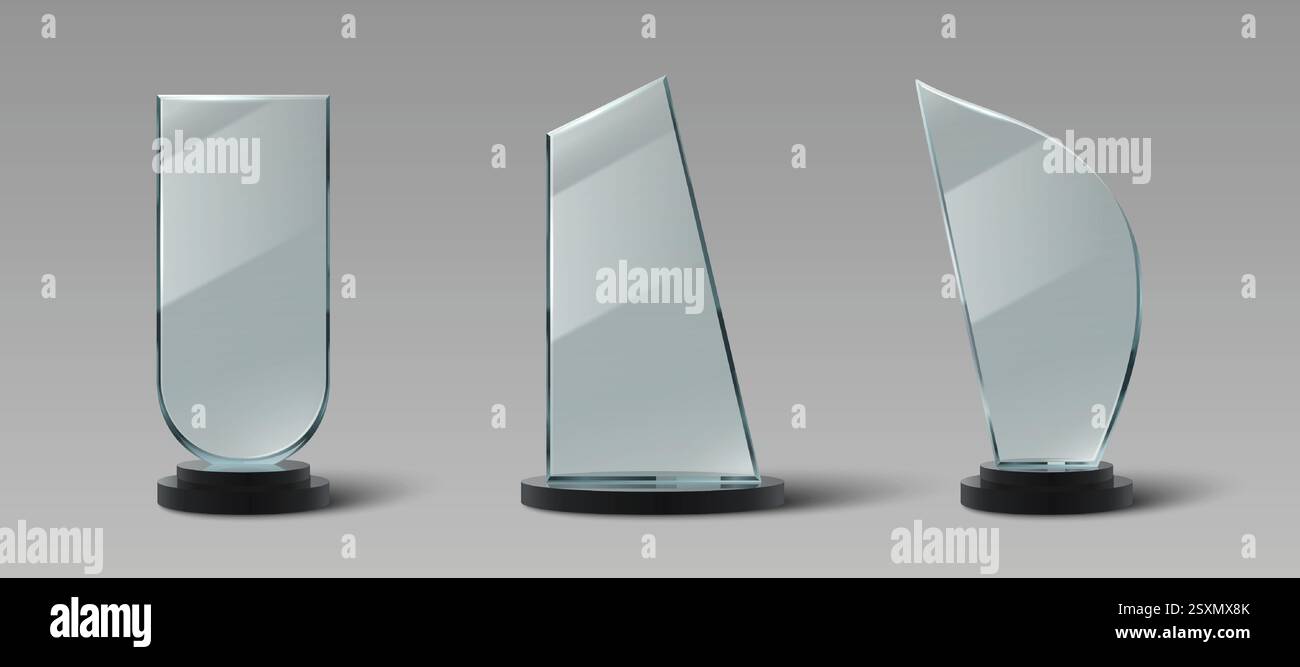 Glass trophy collection with transparent awards, black base stands ...