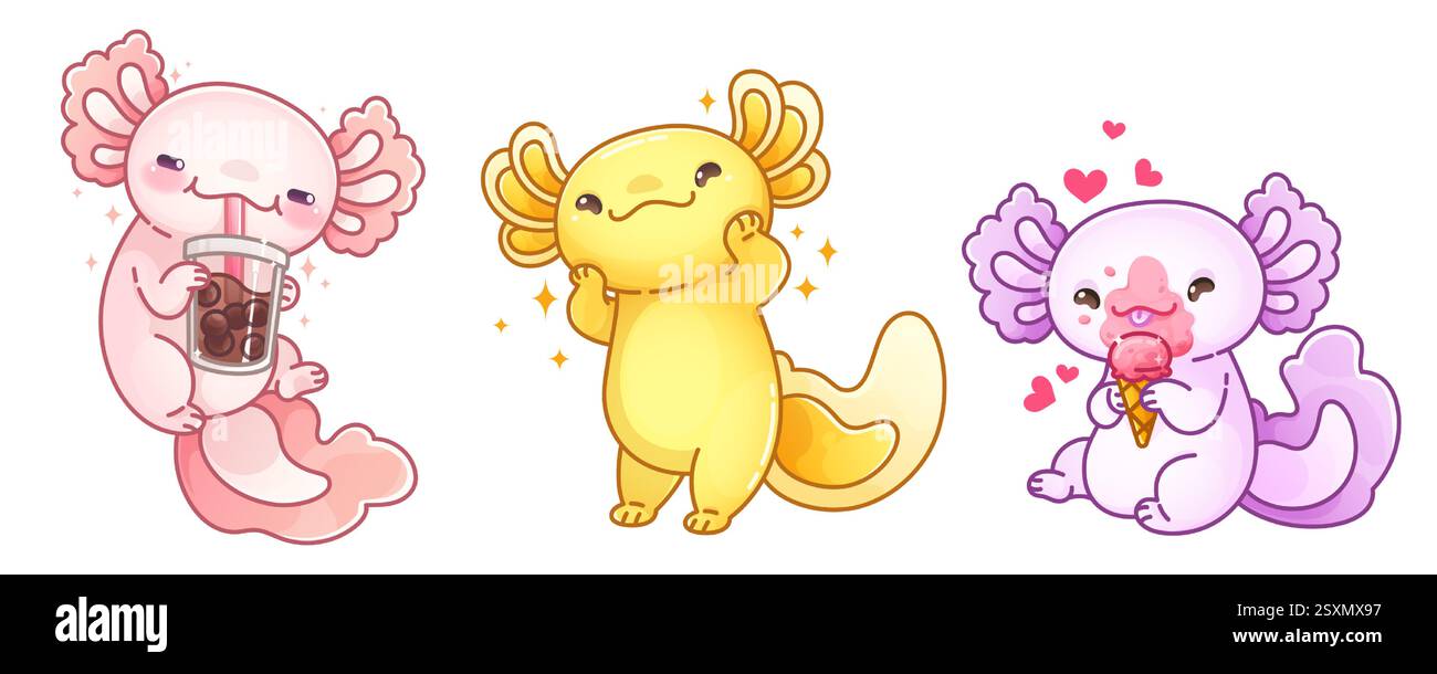 Cute axolotl characters set isolated on white background. Vector ...