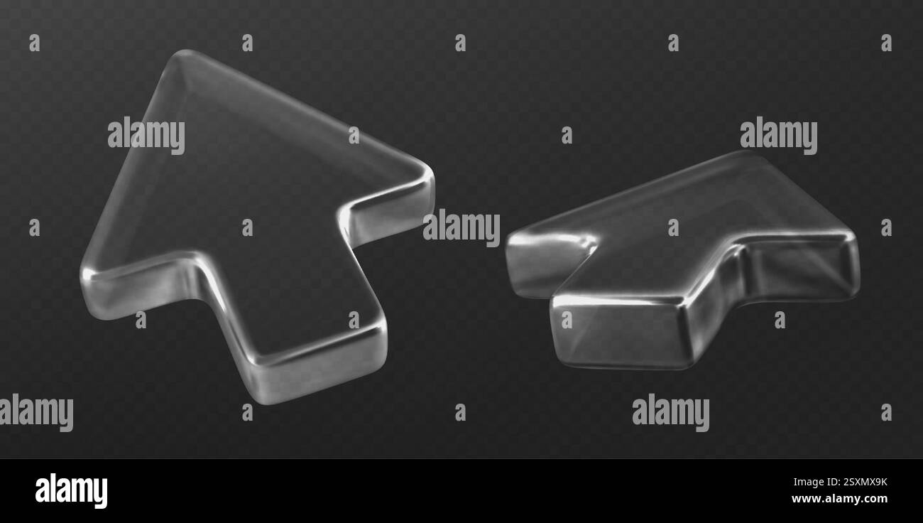 Glass cursors in 3d style - transparent arrow shapes on dark background. Shiny crystalline ...