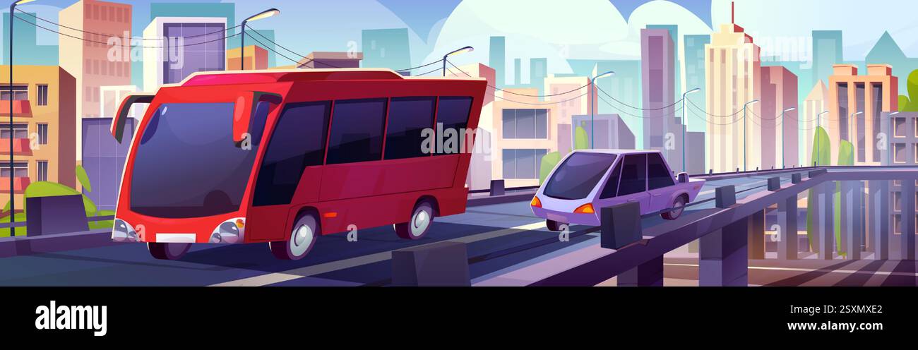 Cartoon red bus and purple car on highway bridge. Urban landscape ...