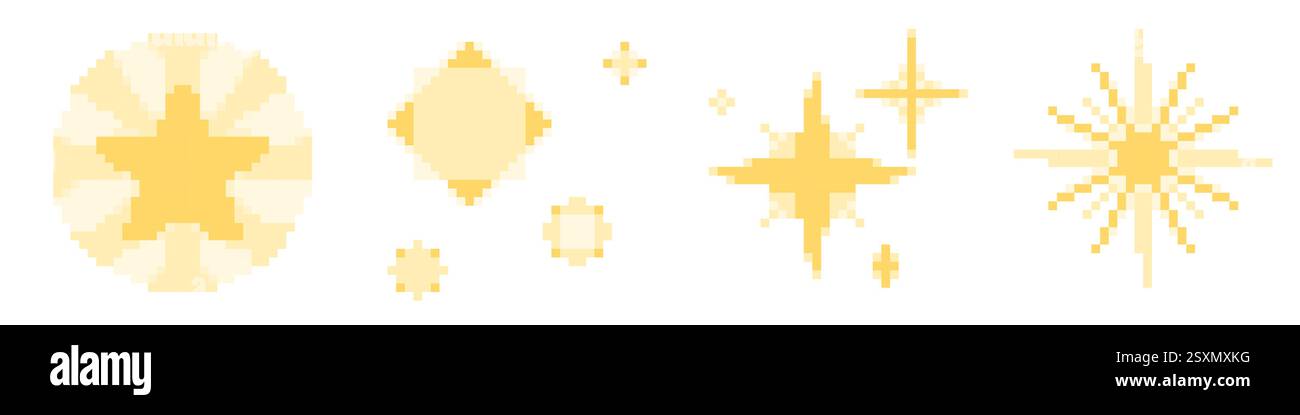 Yellow pixel stars set isolated on white background. Vector cartoon illustration of old 8bit ...