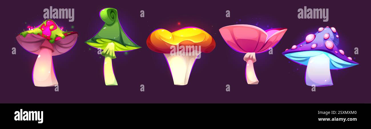 Fantasy magic neon glowing mushroom collection - spotted pink toadstool ...