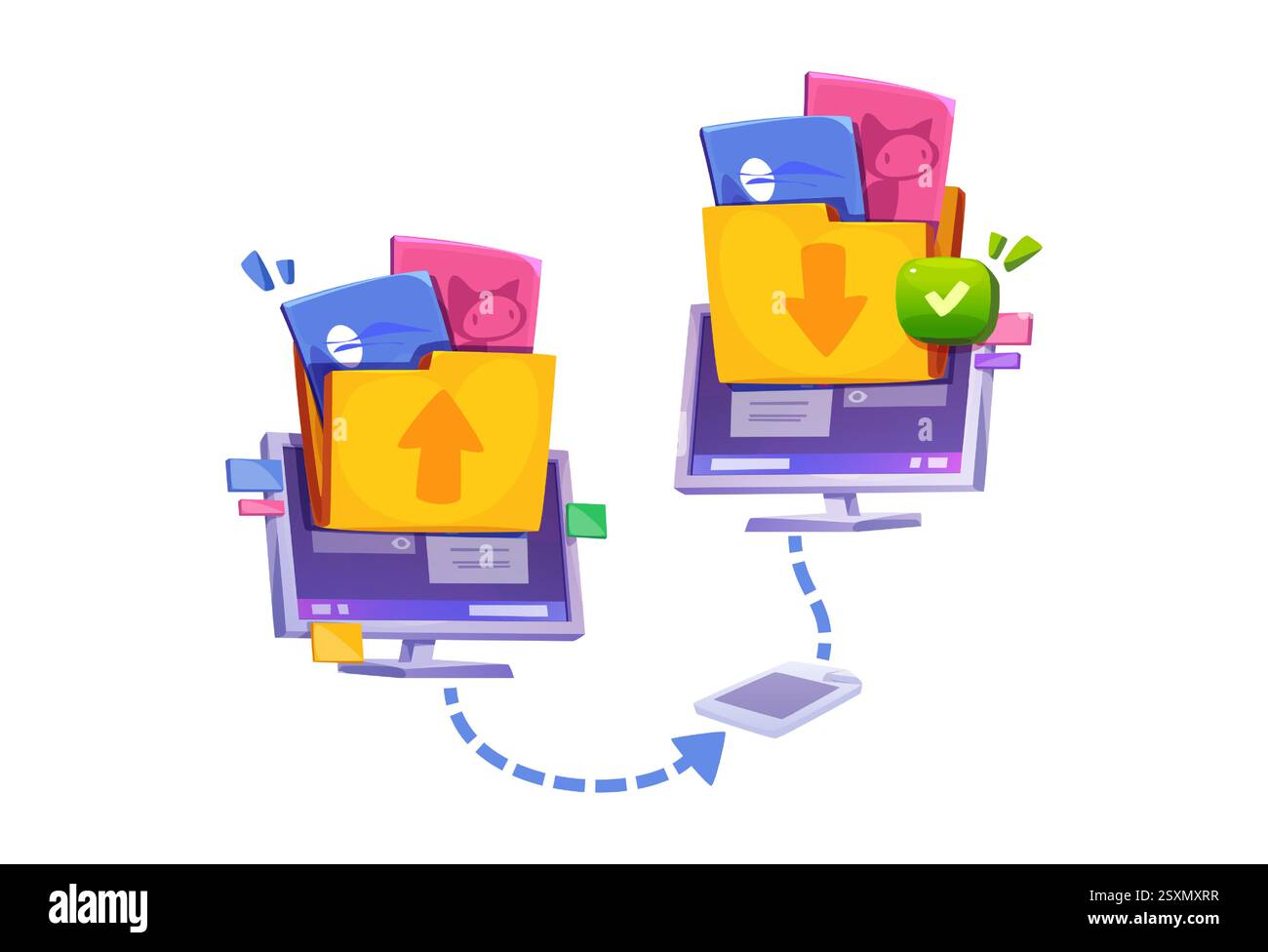 Device synchronization showing data transfer between computers. Cartoon yellow folders with ...