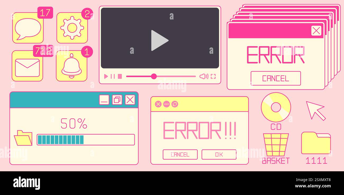 Retro internet window elements - pink and yellow computer interface with CD icon, folder, basket ...