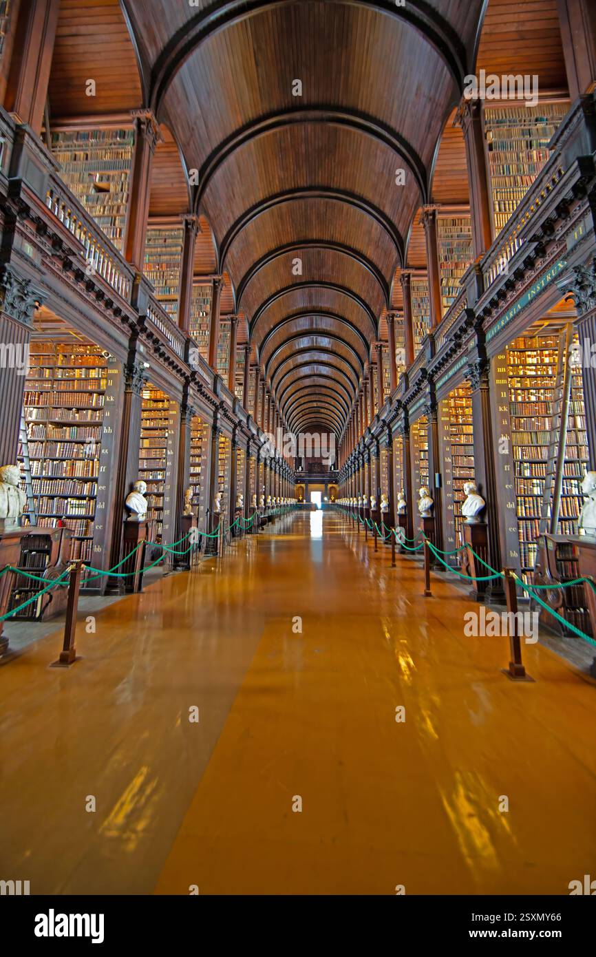 The deserted famous Long Room of the Old Library at Trinity College in ...