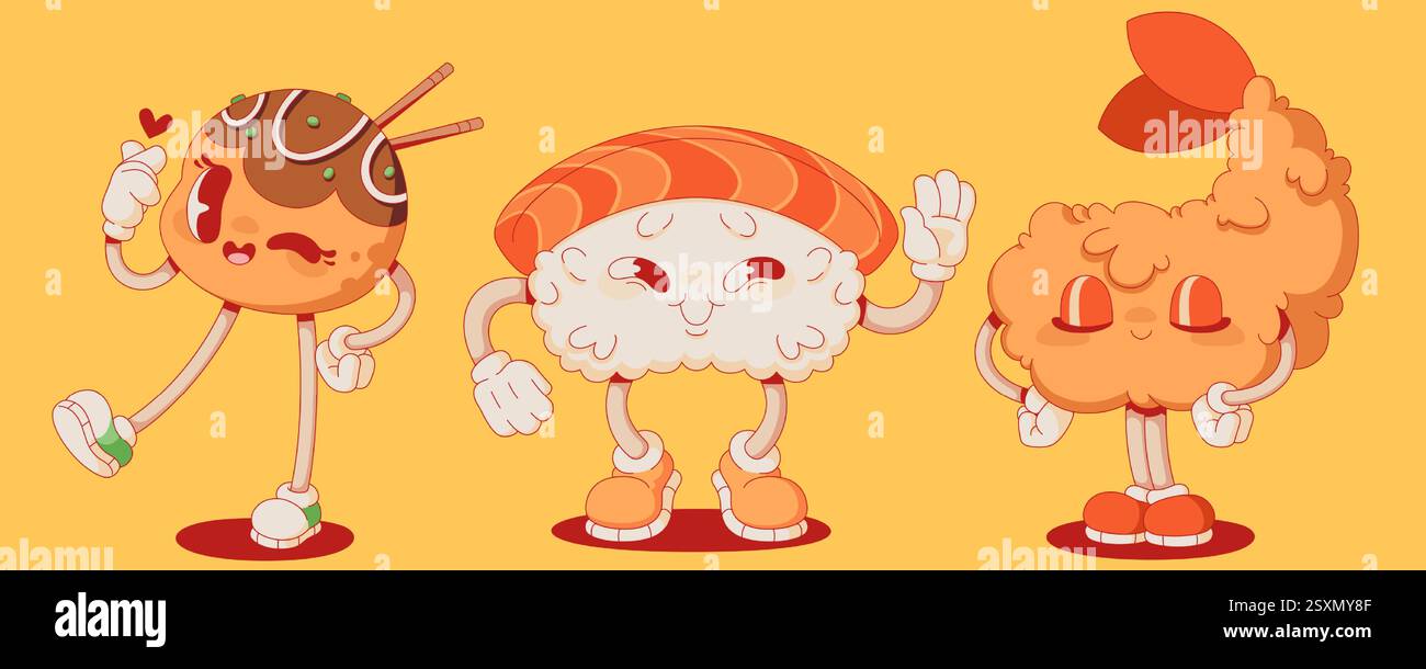 Groovy Japanese food mascots set isolated on background. Contemporary ...