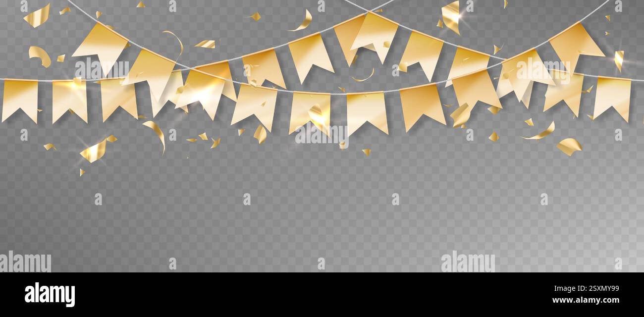 Golden flags and streamer isolated on transparent background. Vector ...