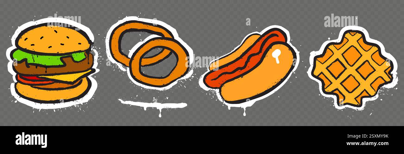 Graffiti style fast food set with burger, onion rings, hot dog and ...