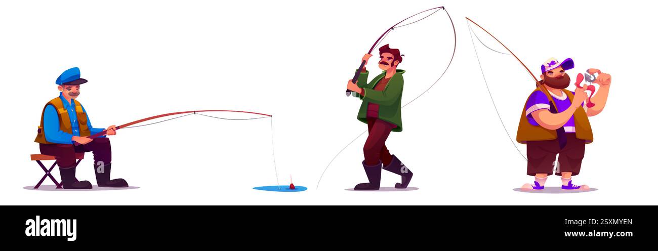 Fisherman cartoon set of different men with fishing rods. Elderly ...