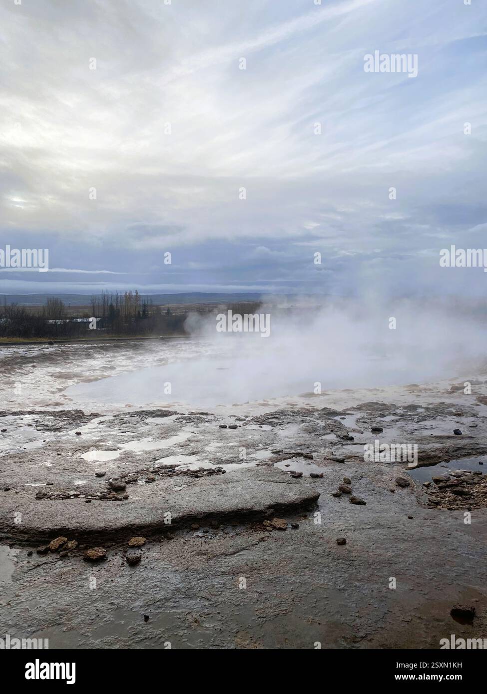 A geothermal landscape with steamy terrain, mineral deposits, and a ...