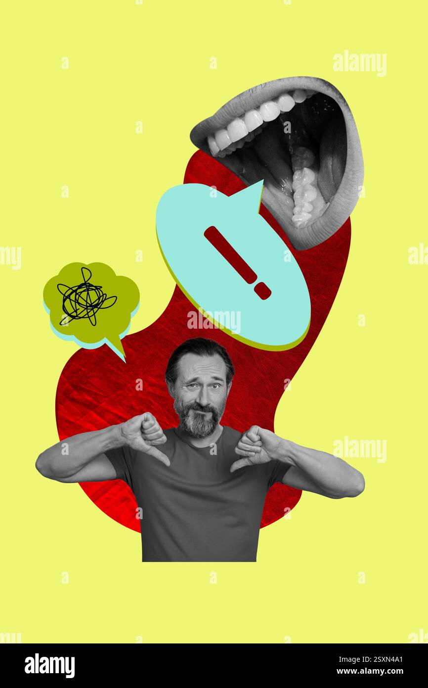 Poster image vertical photo collage of confused man show dislike mouth ...