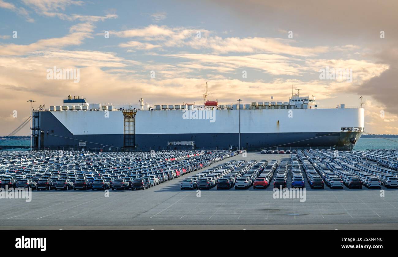 Large vehicle or car carrier ship known as RO-RO, roll on roll off, at ...