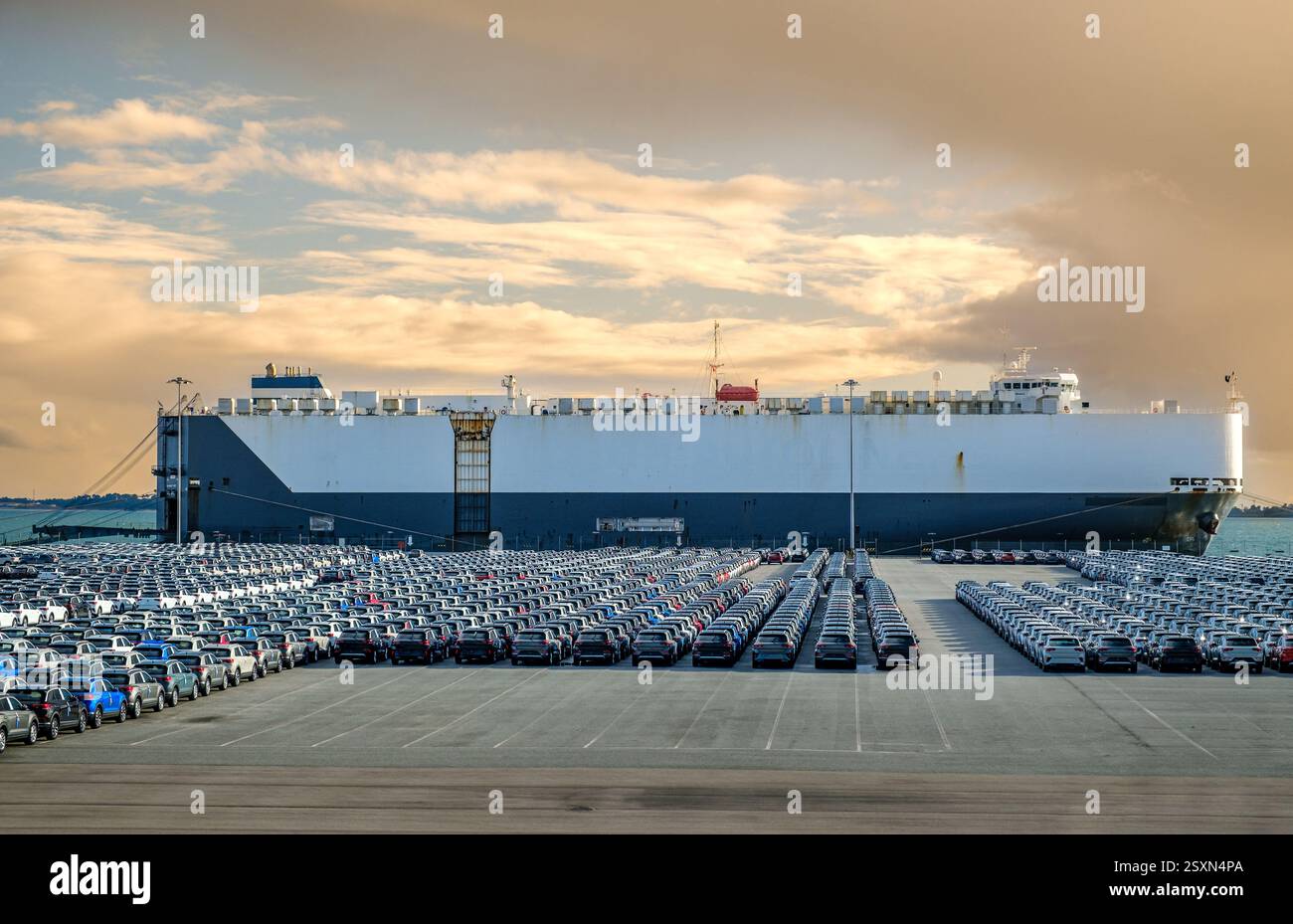 Large vehicle or car carrier ship known as RO-RO, roll on roll off, at ...
