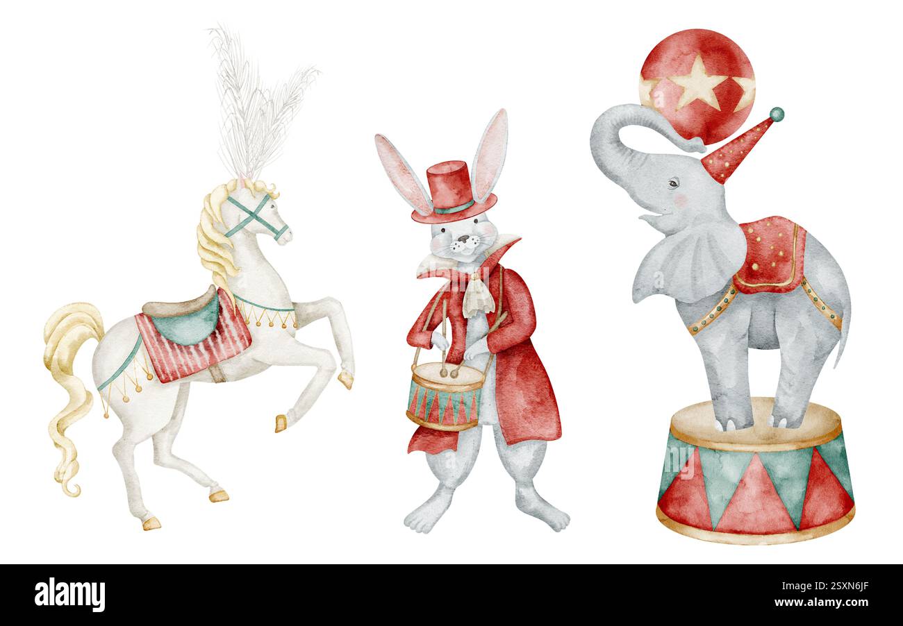 Watercolor illustration of Circus horse, a drumming rabbit and an ...