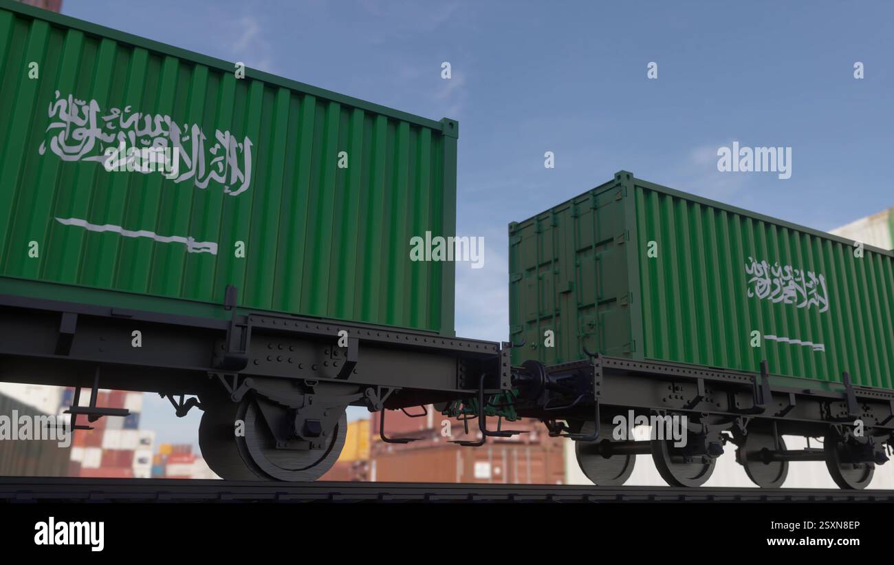 Train and containers with the flag of Saudi Arabia. Railway ...