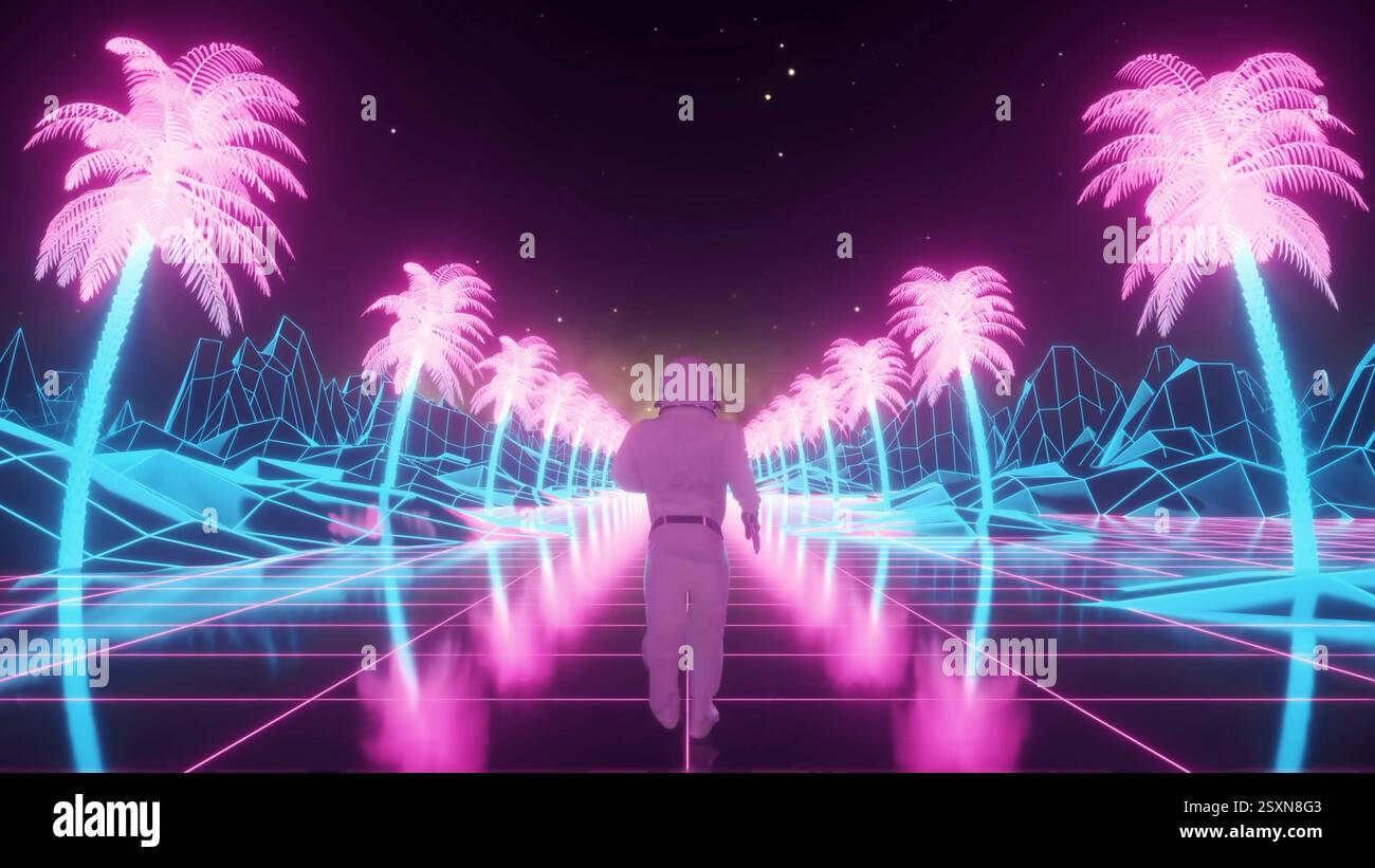 Astronaut runs surrounded by flashing neon lights. Retro 80s style ...