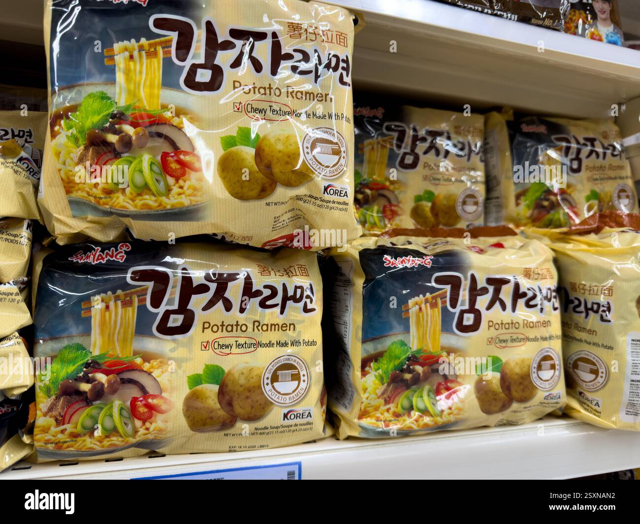 Unique potato ramen on display at a grocery store in a vibrant market ...