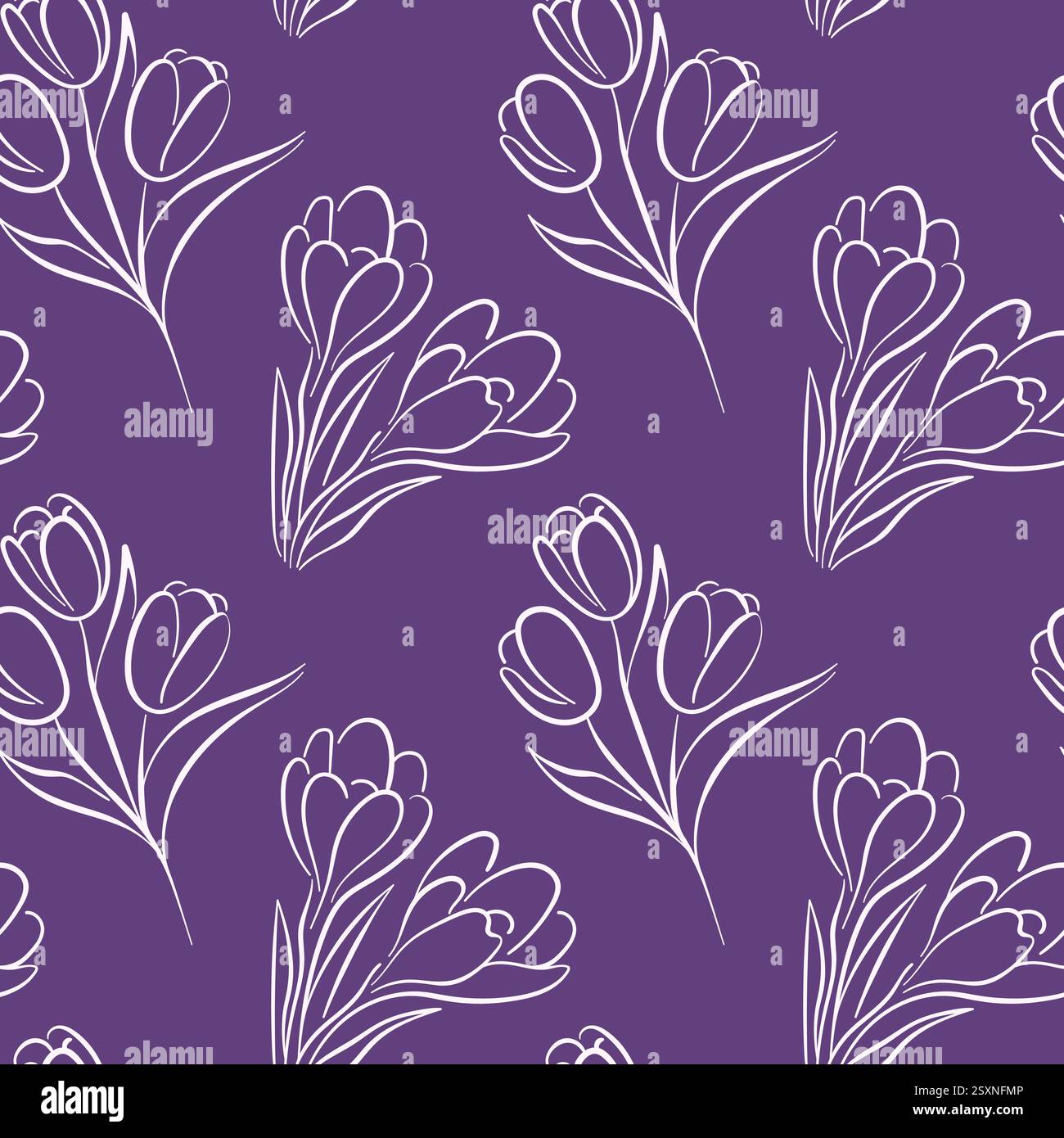 Seamless floral pattern with line art style tulip and crocus with ...