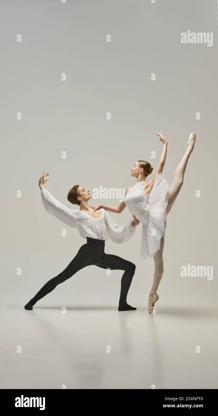 Ballerina extending leg in perfect arabesque while male partner ...