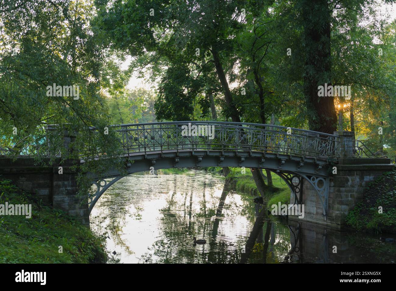 Old cast-iron bridge across the river in the palace park in Gatchina ...