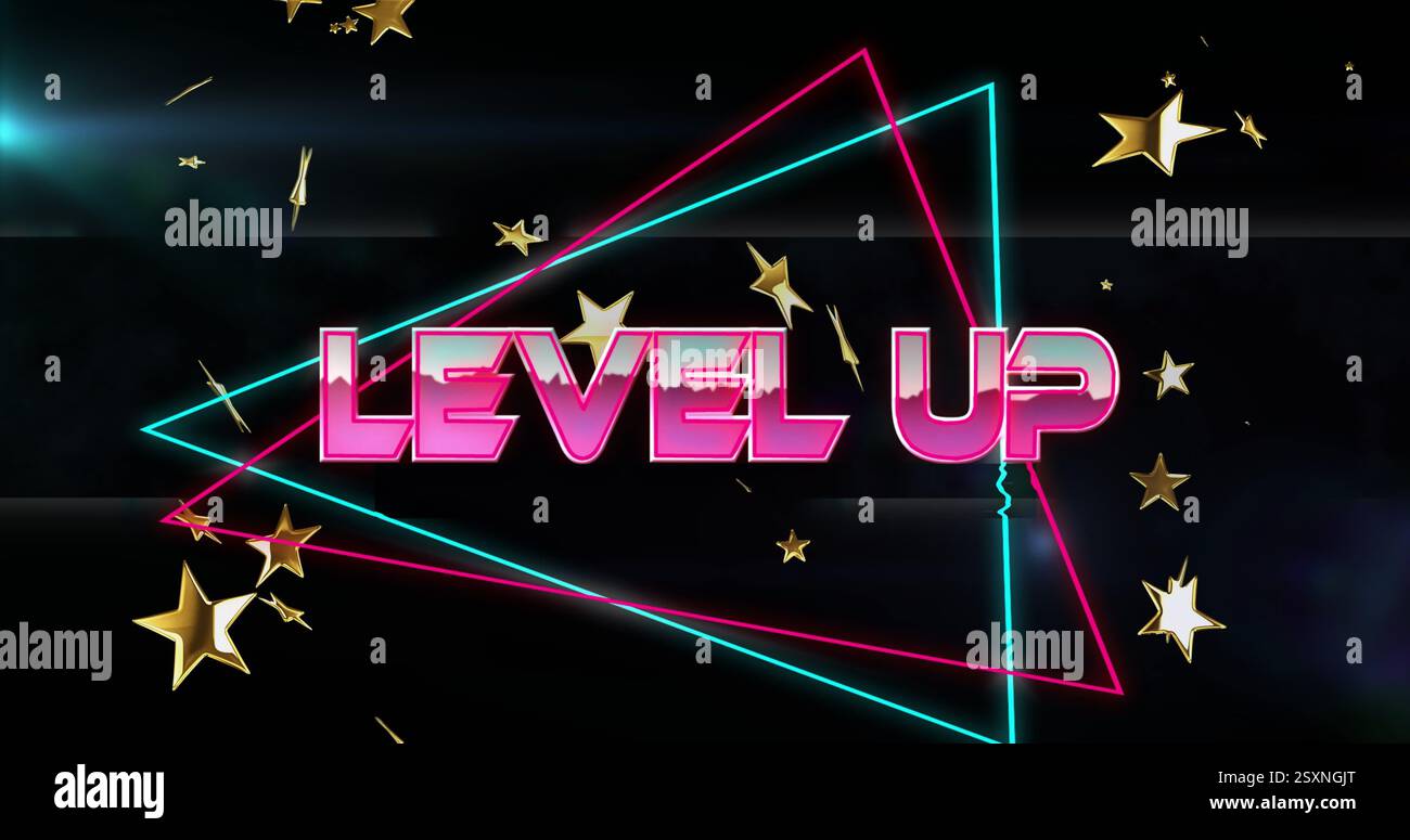 Level up text image over neon triangles and golden stars on black ...