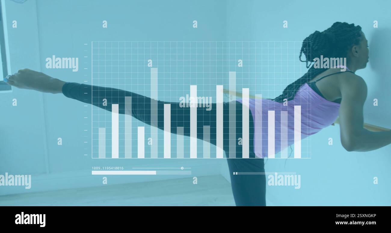 Bar chart and data analysis image over woman stretching leg in fitness ...
